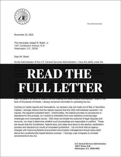 Read the full letter officially starting Biden transition process to ...