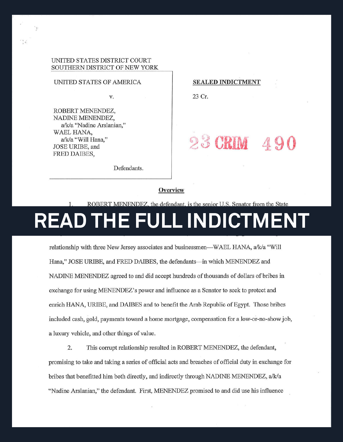 Read the full indictment against Sen. Menendez and his wife for alleged ...