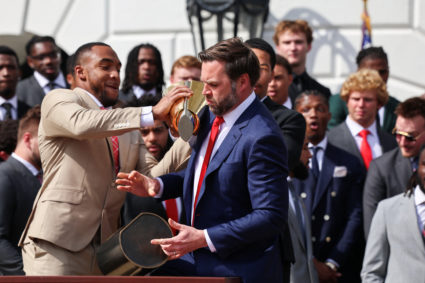 WATCH: As Ohio State Buckeyes visit the White House, Vance fumbles NCAA ...