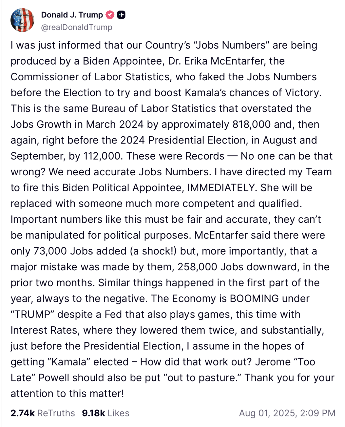Trump fires Bureau of Labor Statistics commissioner after dismal ...
